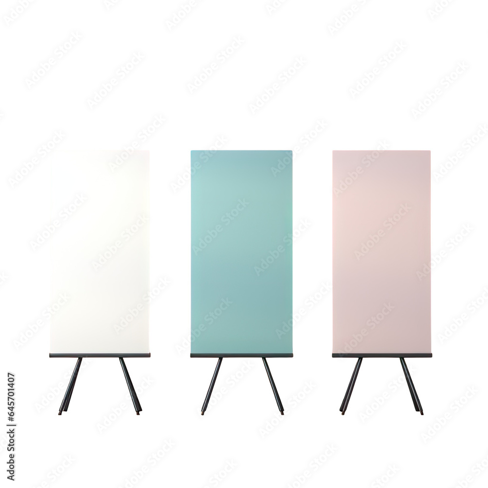 Three blank standee or rollup banner display mockups for presentation ...