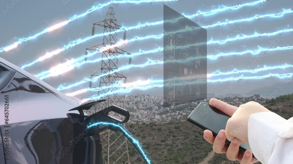 A man connects an electric car to a charger and Power Transmission ...