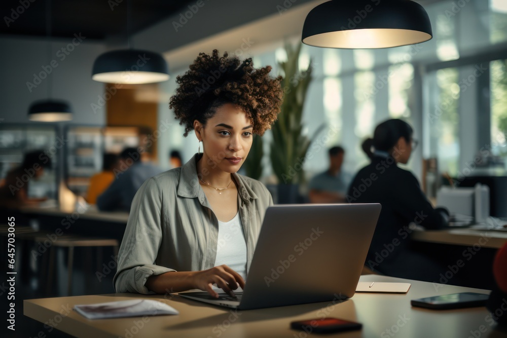 beautiful black woman with afro hair in office with laptop, corporate ...