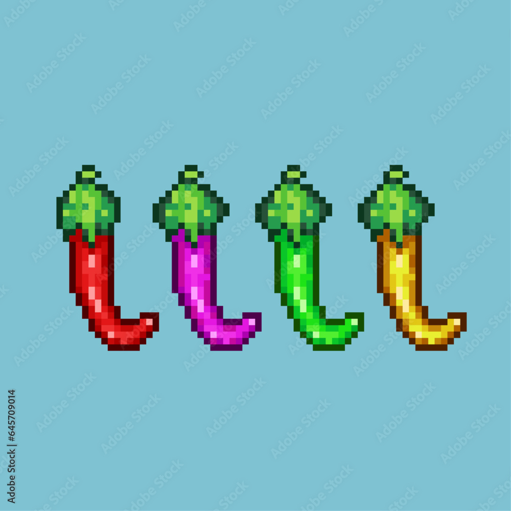 Vecteur Stock Pixel art sets of chilis with variation color items asset ...