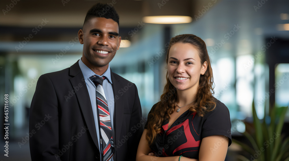 portrait of aboriginal business man with brunette business woman in ...