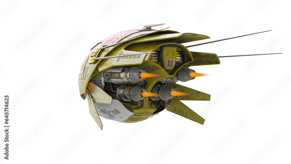 alien drone is flying and going away in white background Stock ...