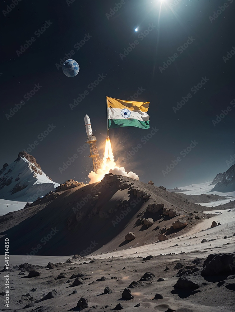 Chandrayaan 3 soft landing on the moon with Indian flag Stock ...