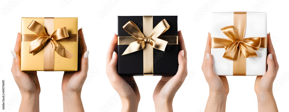 Hand holding Gift present box with bow, gold ribbon collection on ...