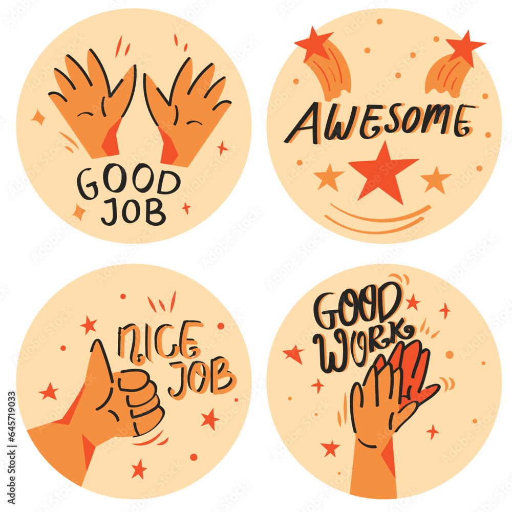 Set of motivational words stickers. Awesome, good job, nice job, and ...