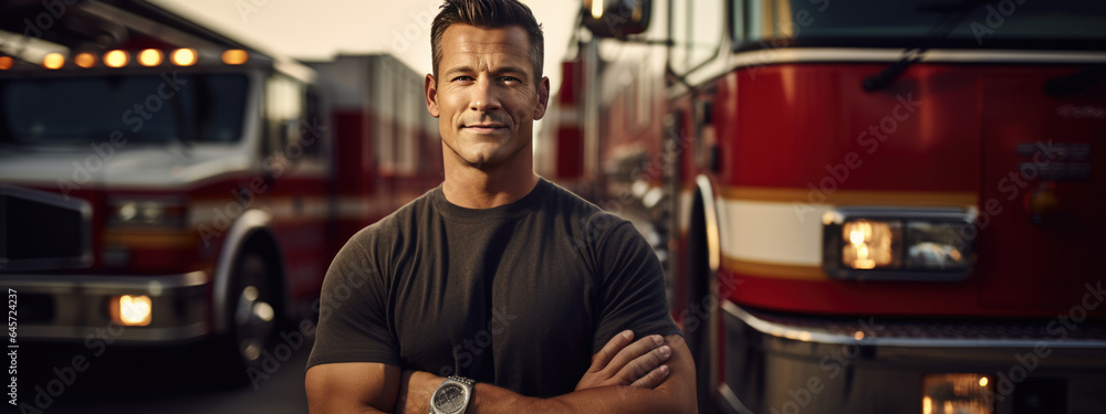 Firefighter portrait on duty. Photo of fireman near fire engine Stock ...