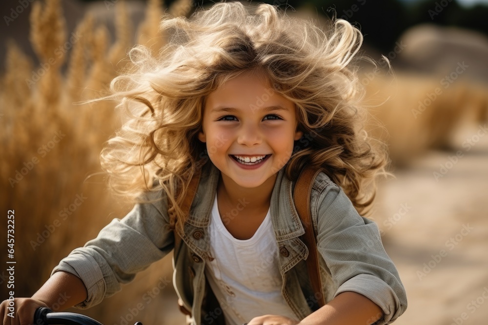 Happy little girl riding bike. Summer portrait of smiling child with ...