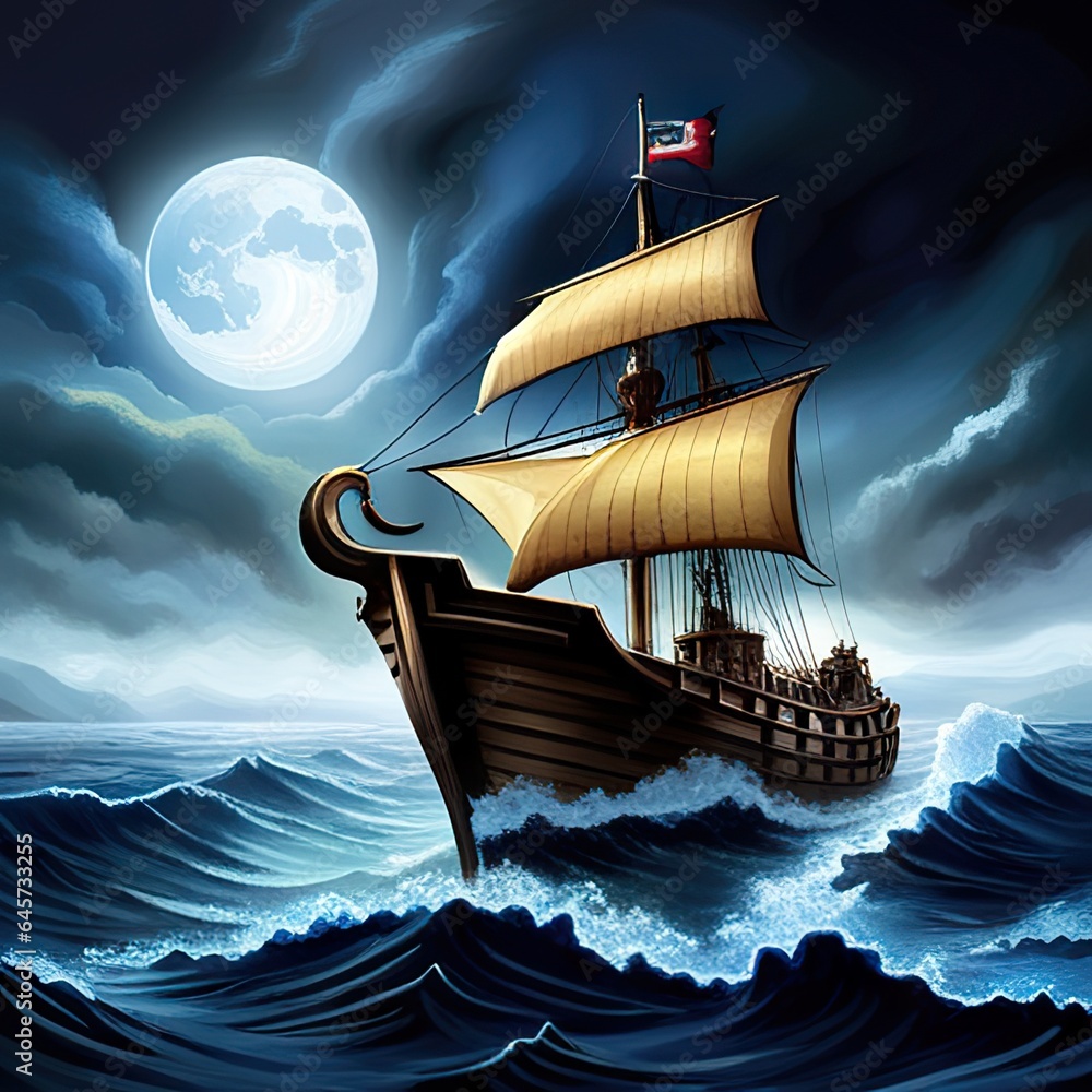 Pirate in ship which is sailing in dark sea sky is dark blue and clouds ...