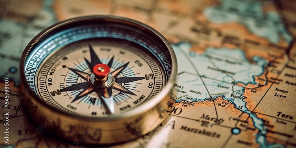 Magnetic compass and location marking with a pin on routes on world map ...