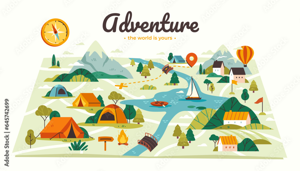 Map for camping and travel. Banner with natural landscape and mountains ...