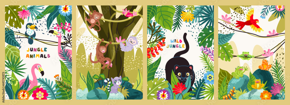 Jungle animals poster set. Exotic nature and tropical landscape with ...