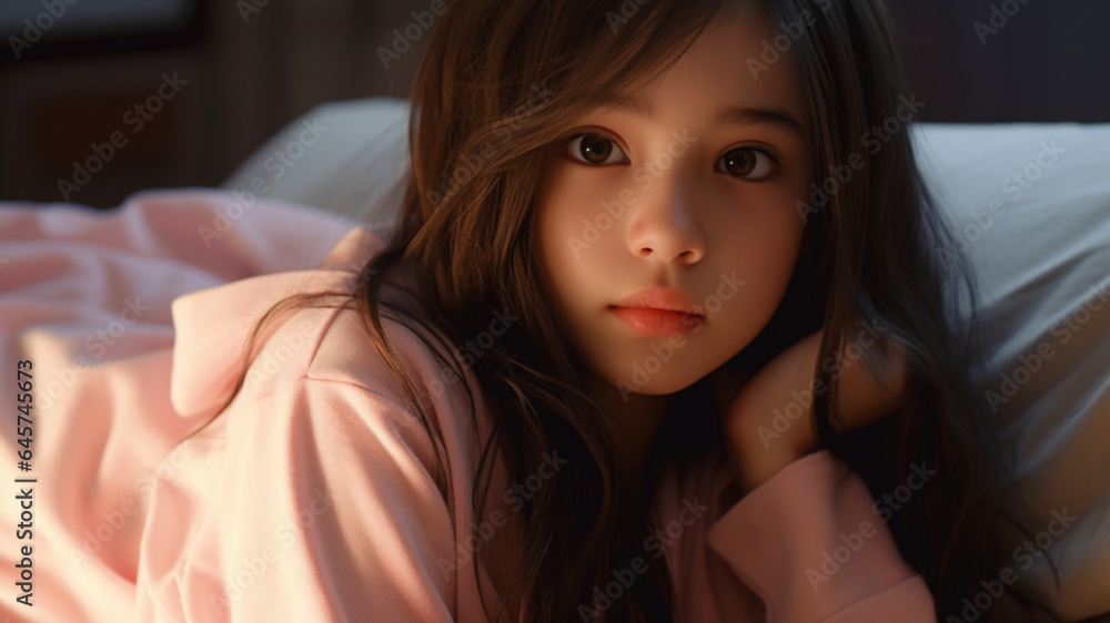 Cute 9-year-old girl, long hair, no double edged, pink summer pajamas ...