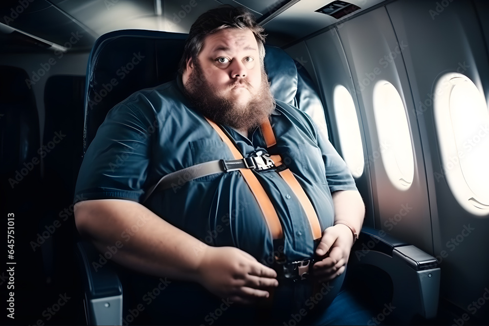 Problem of Fat obese Man passenger fastening Seat belt on airplane ...