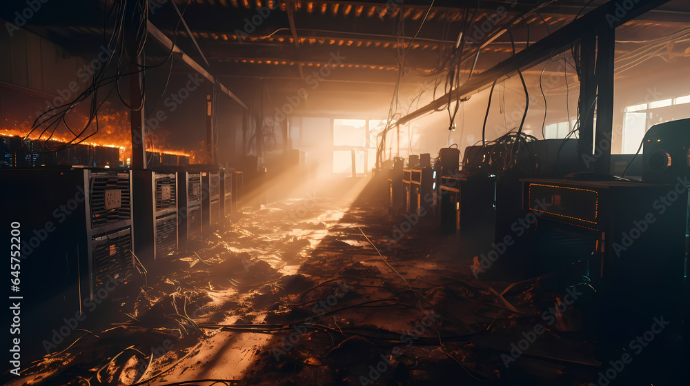 Burning server room or mining farm. Data center supercomputer ...