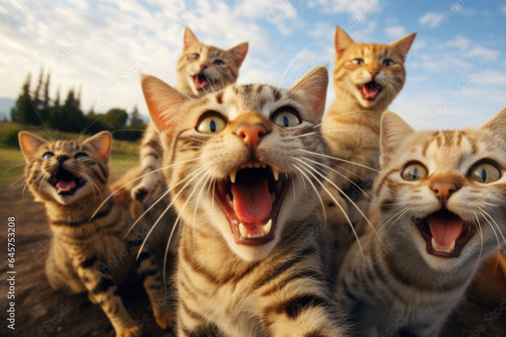 A group of cats taking a selfie on a blurred background. Generative AI ...