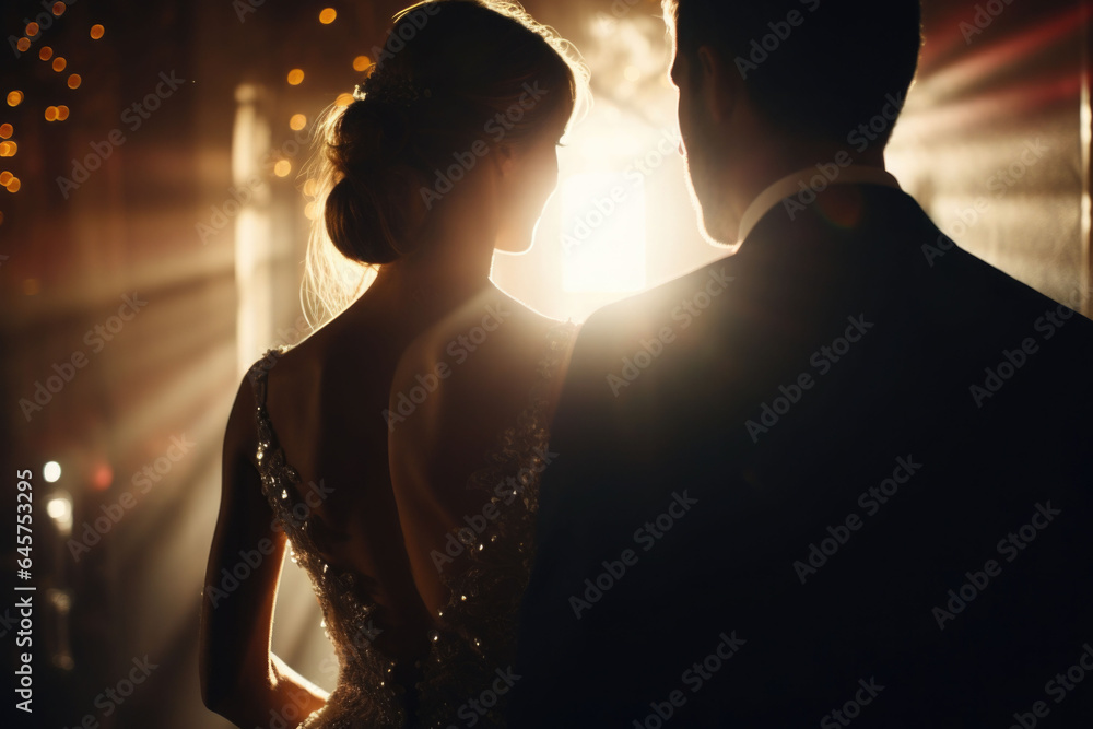 Back view of a couple on their wedding. Bride and groom in window light ...