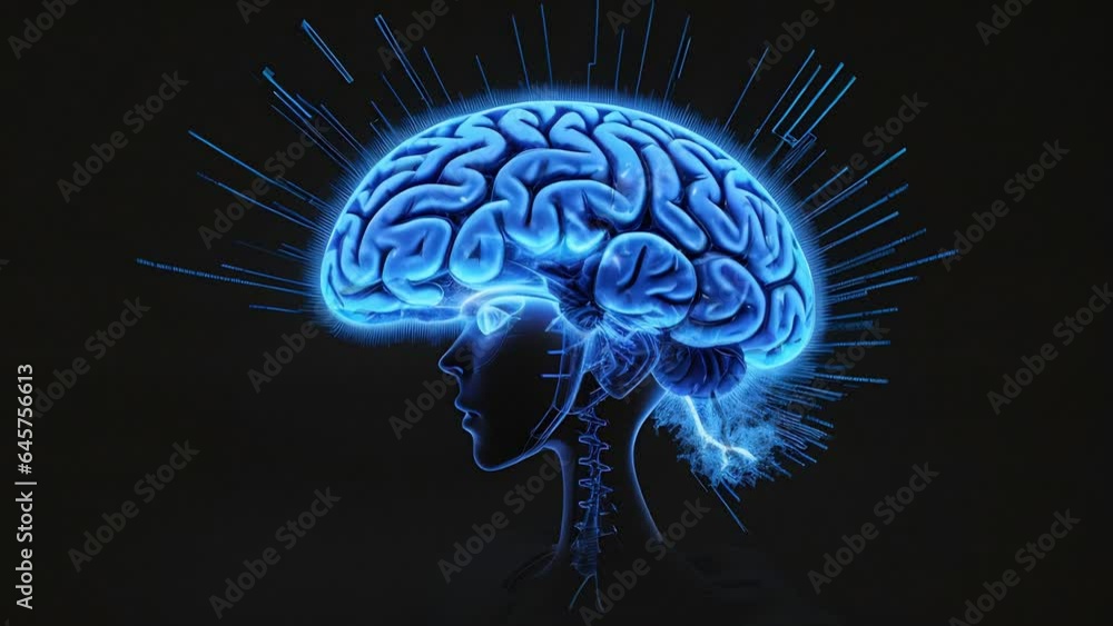 Futuristic animation with blue human brain on dark grunge background ...