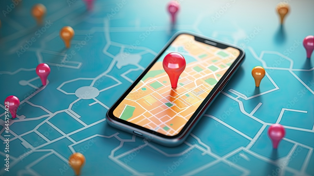 Smartphone with map, 3D Map pins, GPS, navigator pin checking points ...