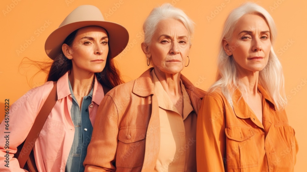 Exhausted elderly ladies, each with unique skin tones, chic grey hair ...