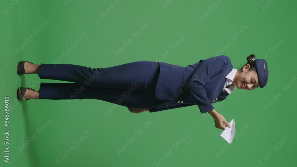 Full Body Of Asian Woman Air Hostess In Professional Uniform Launching ...
