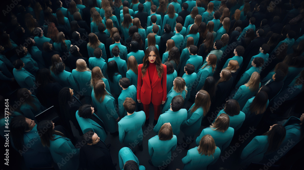 Standing out from the crowd concept with well dressed woman rising ...