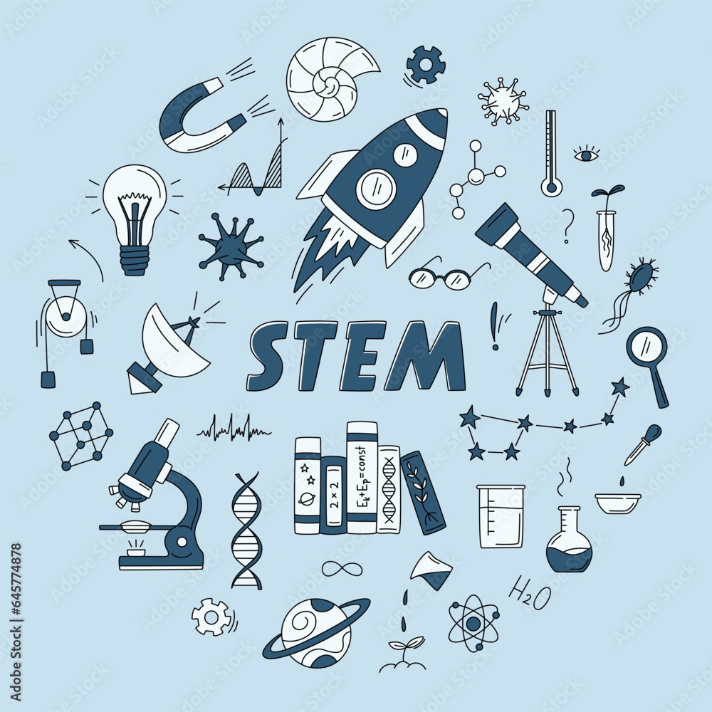 STEM doodle set in circle with rocket, constellation, telescope ...