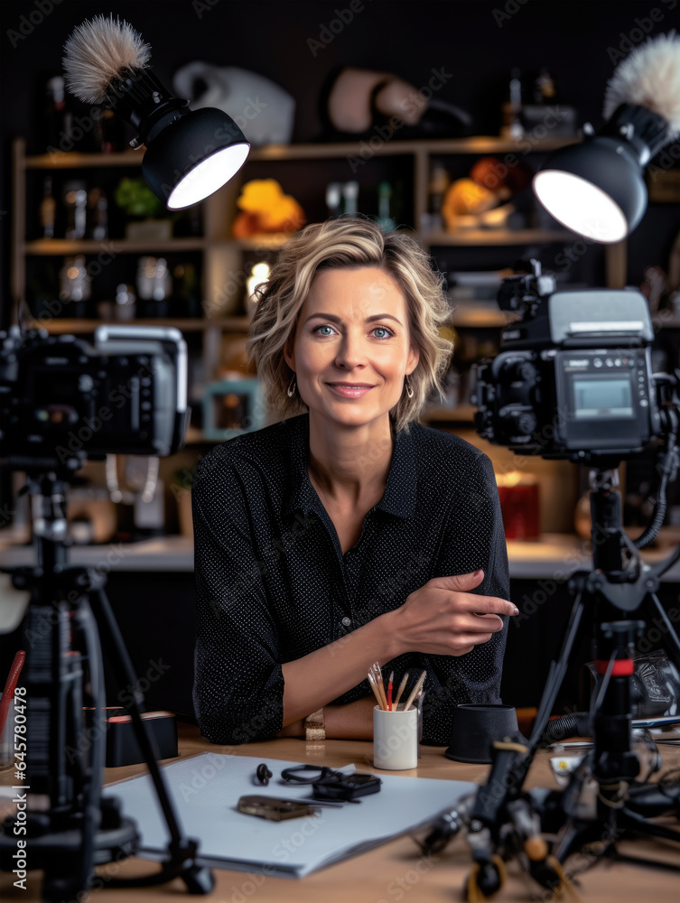 Beautiful female in recording with the Setup to record and broadcast on ...