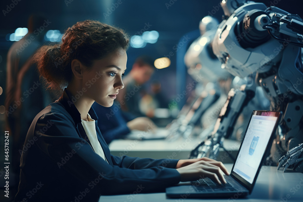 Side view of young female robotics engineer specializing in machine ...