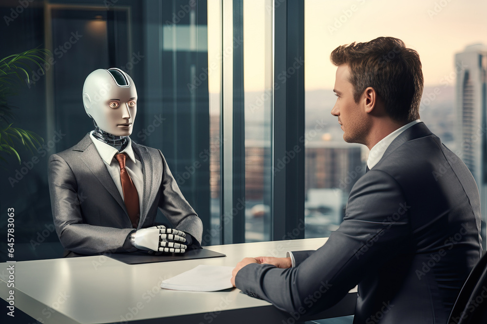 In a company office, an employee conducts an interview, with a humanoid ...