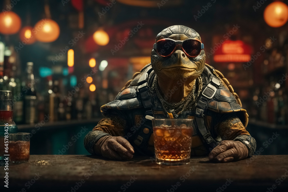 Humanlike turtle sits in a motorcycle gang outfit in a bar ilustración ...