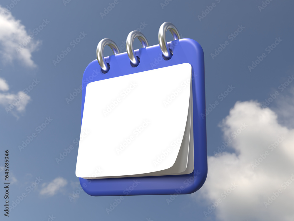 3d cartoon blue calendar icon with tear-off flipping pages and metal ...