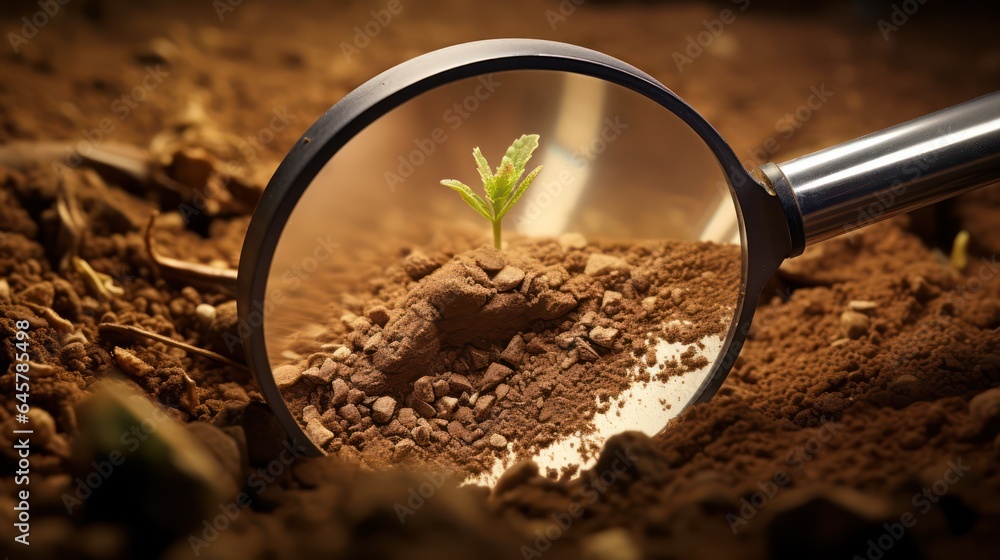 Seedling and dirt under the magnifying glass. Focus on the salt ...