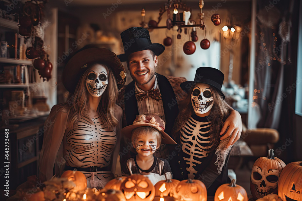family portrait of a couple with their children dressed as skeletons ...