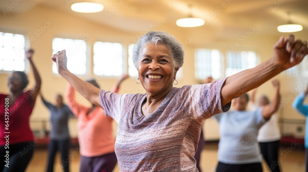older lady doing a fitness class to stay fit in her old age, old woman ...