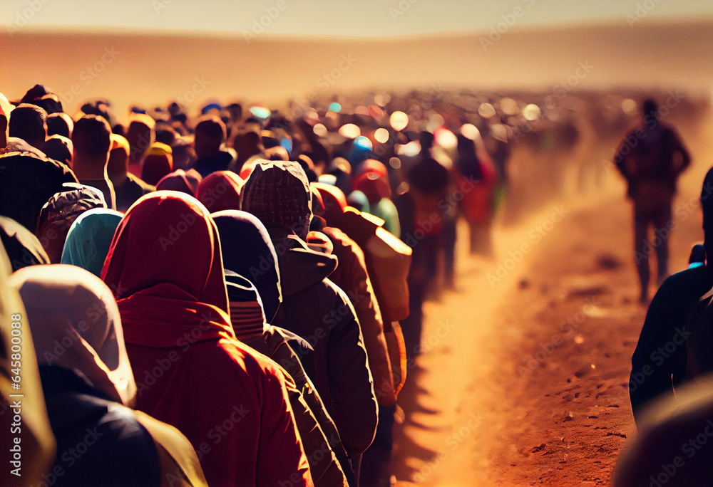 Crowd of refugee people goes in a line and a humanitarian disaster zone ...