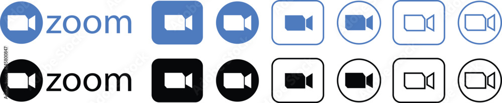 Zoom camera blue, black icons set. Editorial flat or line vector ...