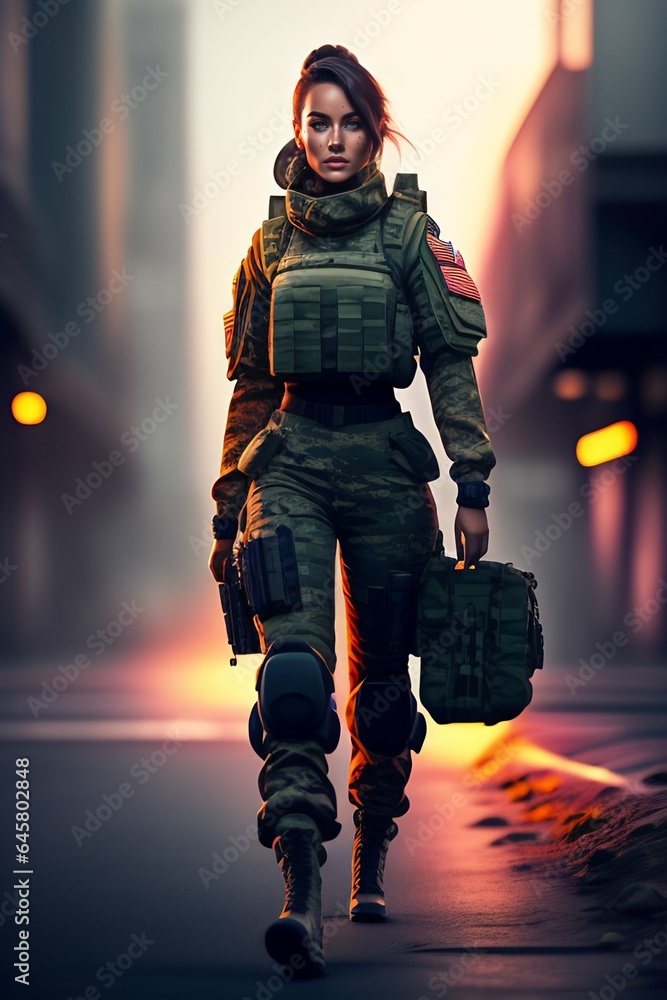 soldier with a gun.a military girl with a machine gun walking with ...