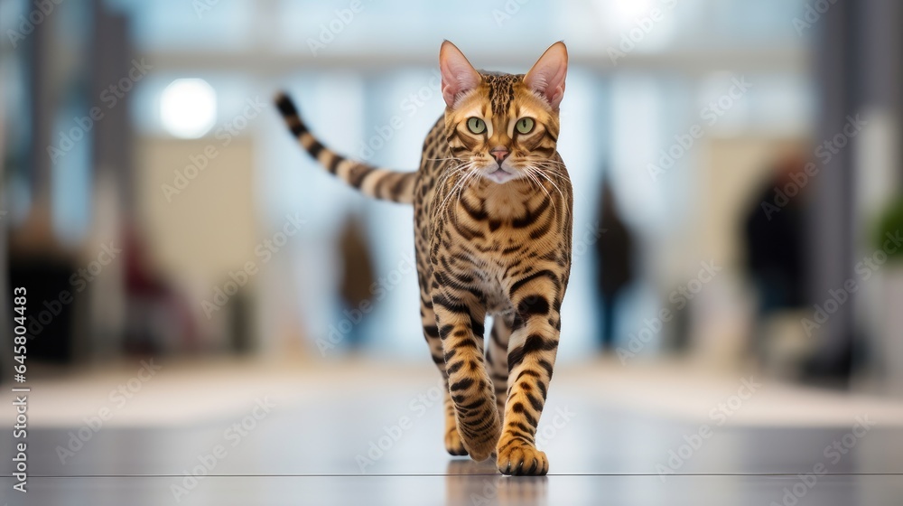 A pedigreed purebred Bengal cat at an exhibition of purebred cats. Cat ...