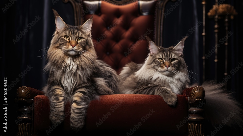 Two pedigreed purebred Maine Coon Cats at an exhibition of purebred ...