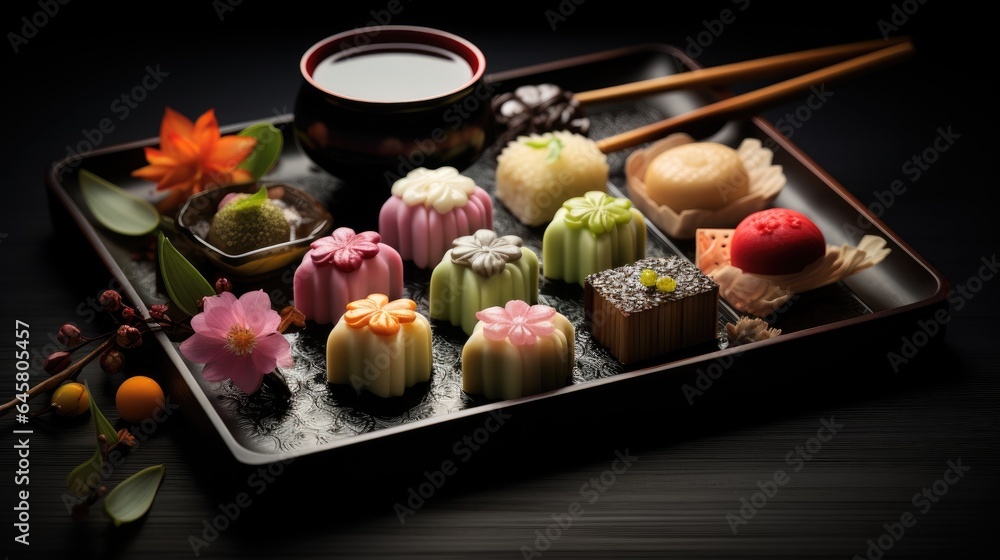 Japanese wagashi traditional sweets on a lacquered tray. The colorful ...