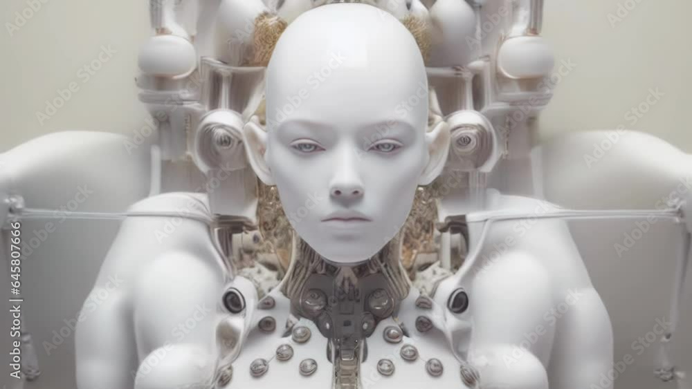 Futuristic Android Woman Being Constructed and Deconstructed in a Technological White Control ...