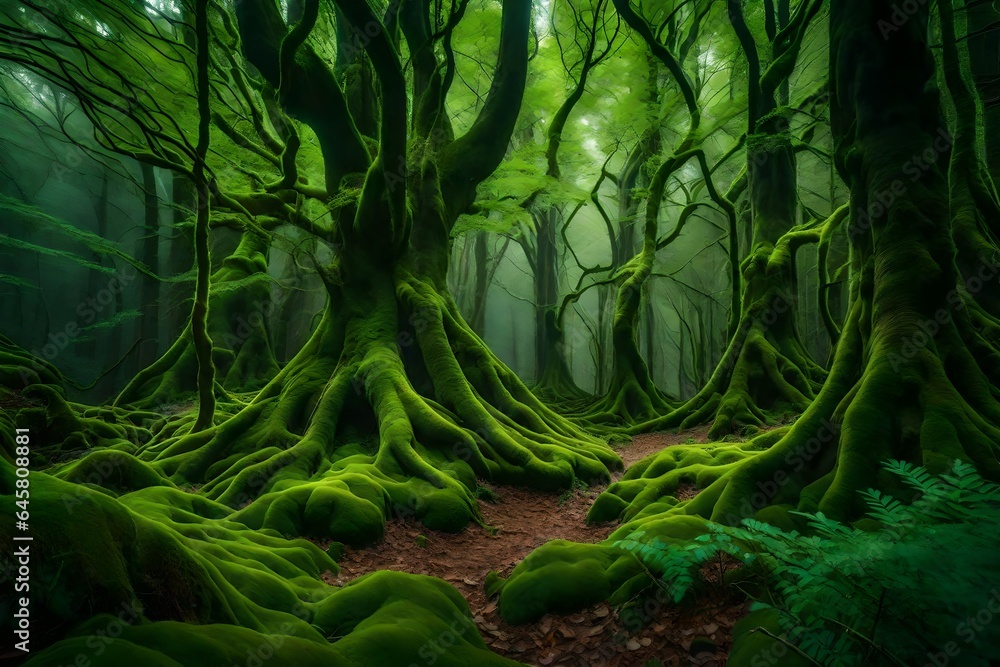 an enchanting and mystical forest, where the ancient trees stand tall ...