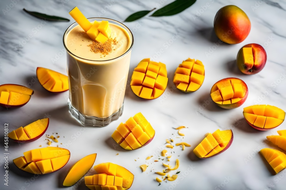 A luscious mango milkshake is presented on a pristine white table ...