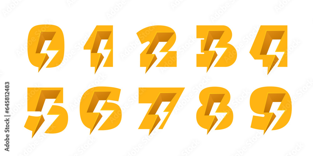 0 to 9 logos. Numbers set with negative space lightning. Flash vector ...