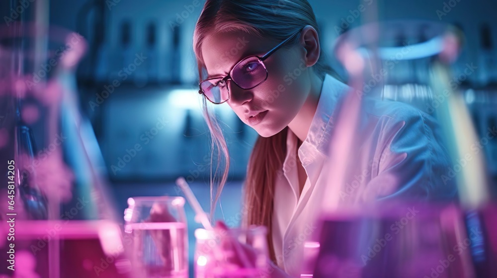 Beautiful female young scientist conducts experiment with test tube and ...