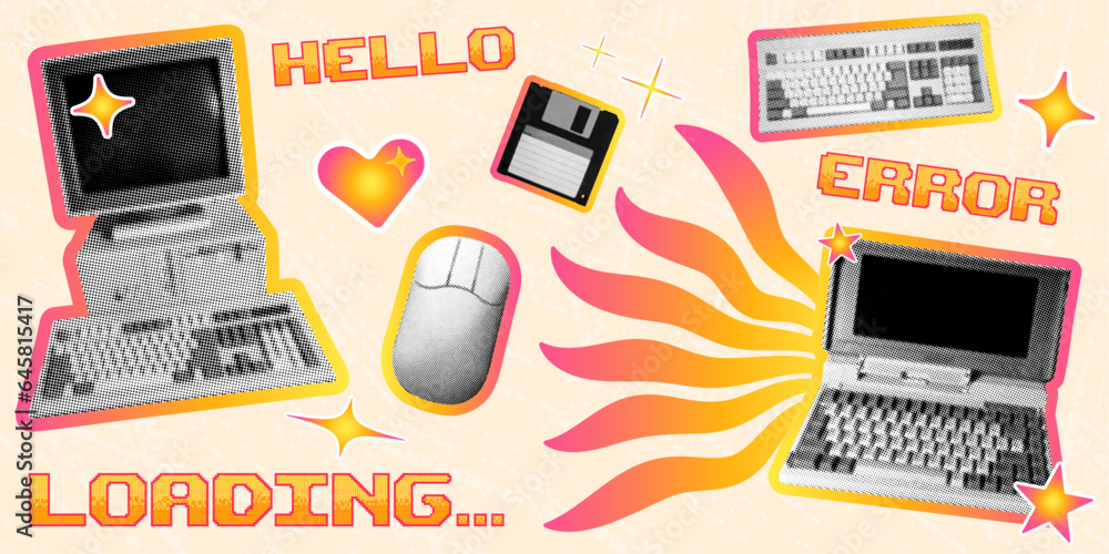 retro computer concept template design with pc laptop keyboard mouse ...