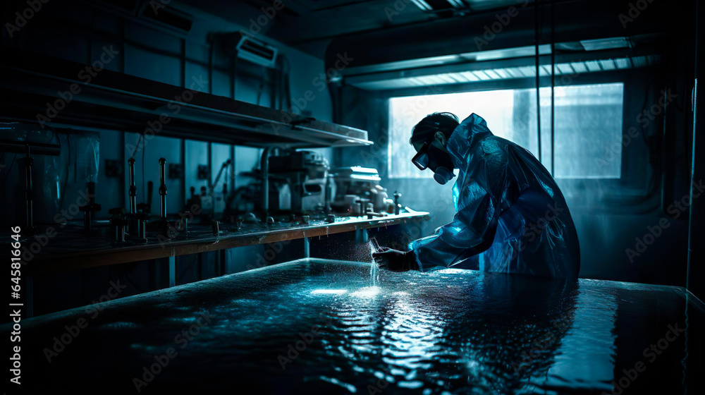 Secret laboratory. Male scientist virologist wearing protective suit ...