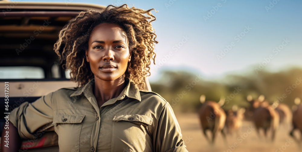 African woman in adventurer outfit on a safari. Standing next to her ...