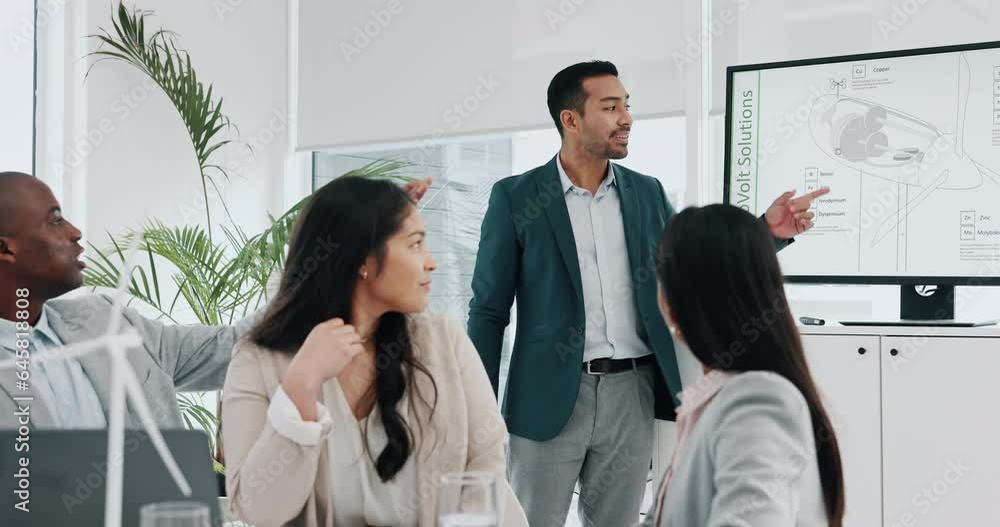 Business man, windmill and screen with speech in office for innovation ...