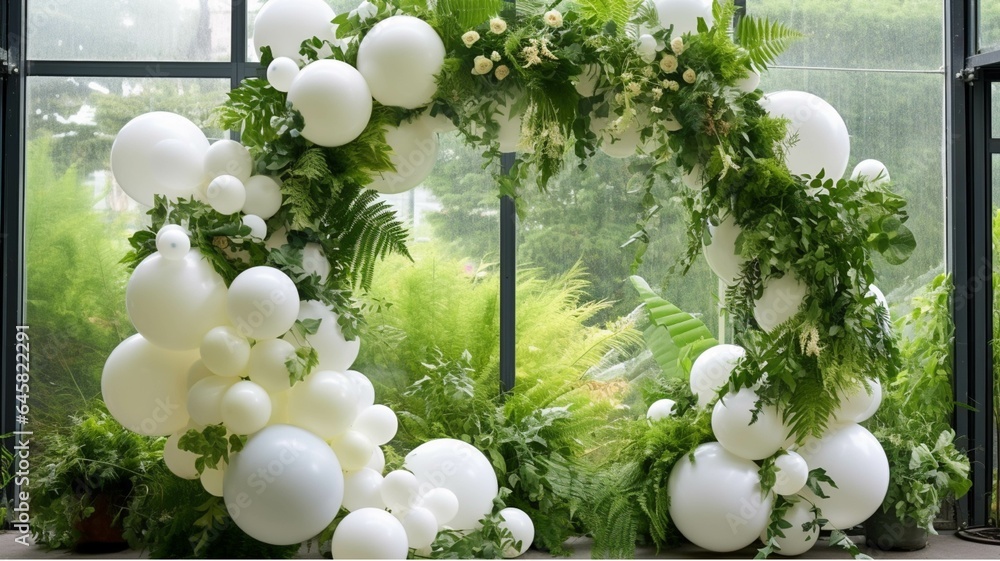 Decorated wedding arch with white balloons and greenery in the garden ...